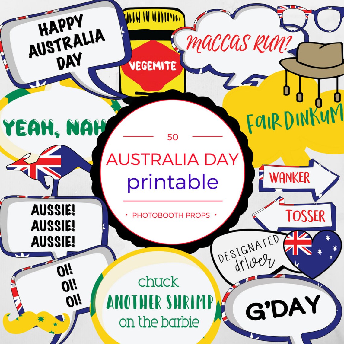 50 Australia Day Photobooth Props - ADULT - Printables - Fun - Digital ...
