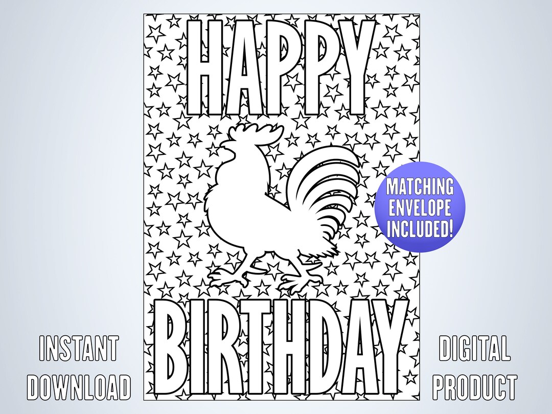 Happy Birthday Space Rooster Coloring Card, Printable Rooster ...