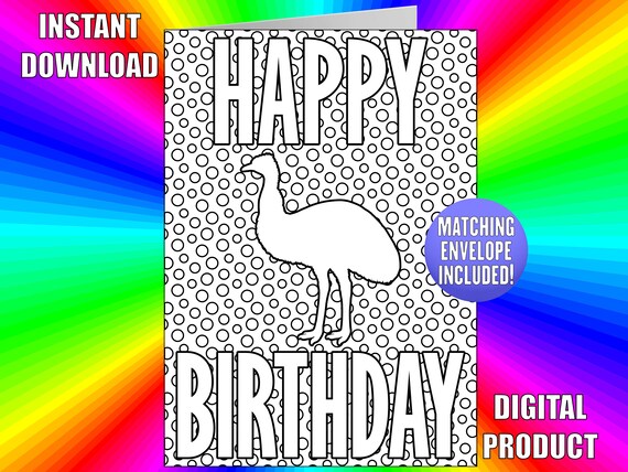 Happy Birthday Emu Coloring Card Printable Emu Birthday Card - Etsy