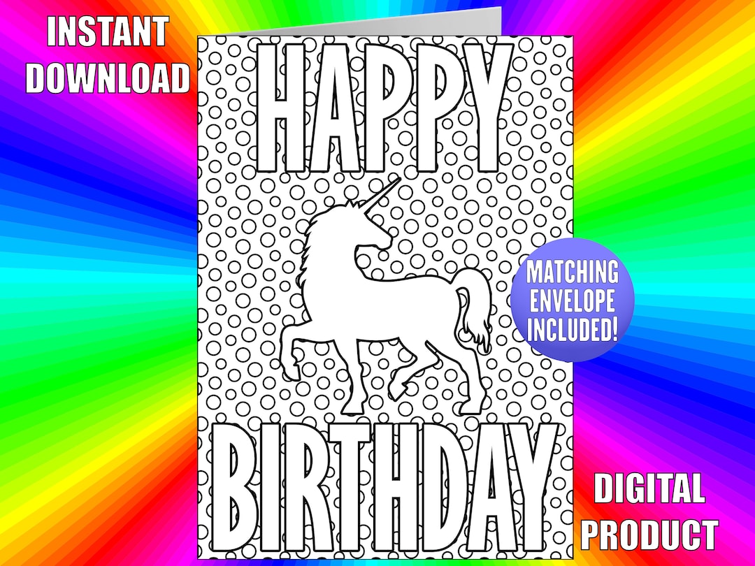 Happy Birthday Unicorn Coloring Card, Printable Unicorn Birthday Card ...