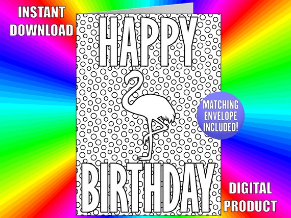 Happy Birthday Flamingo Coloring Card Printable Flamingo - Etsy