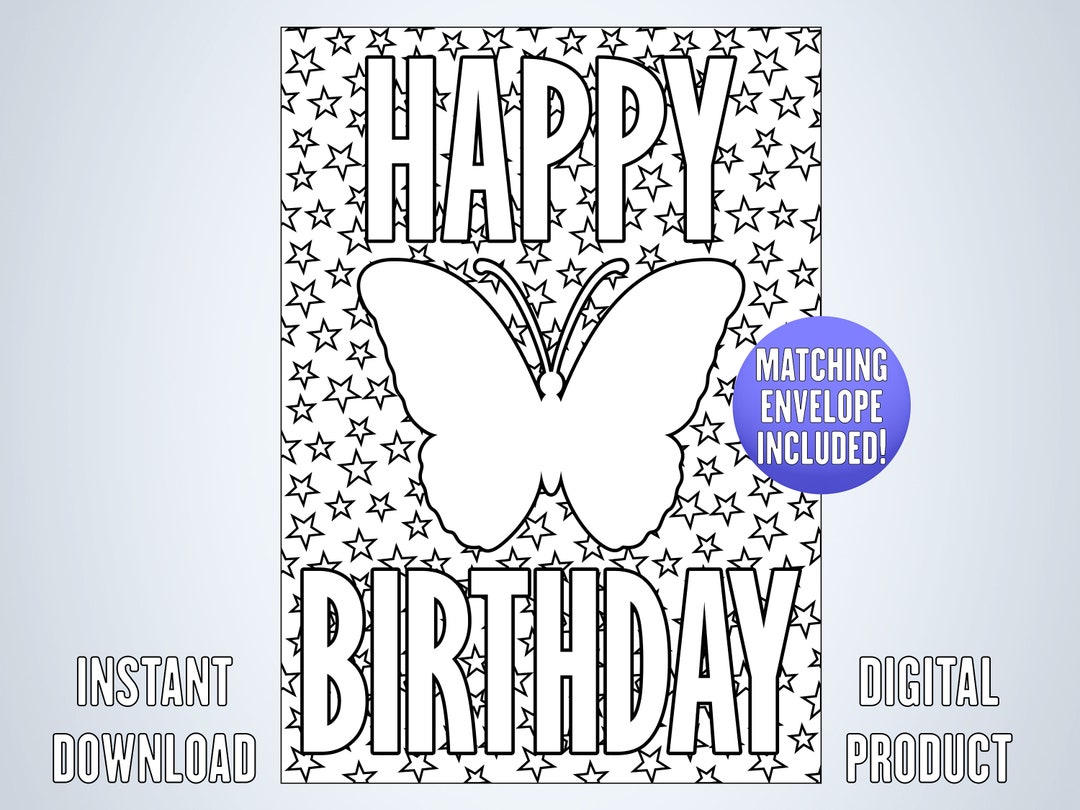 Happy Birthday Space Butterfly Coloring Card, Printable Butterfly ...