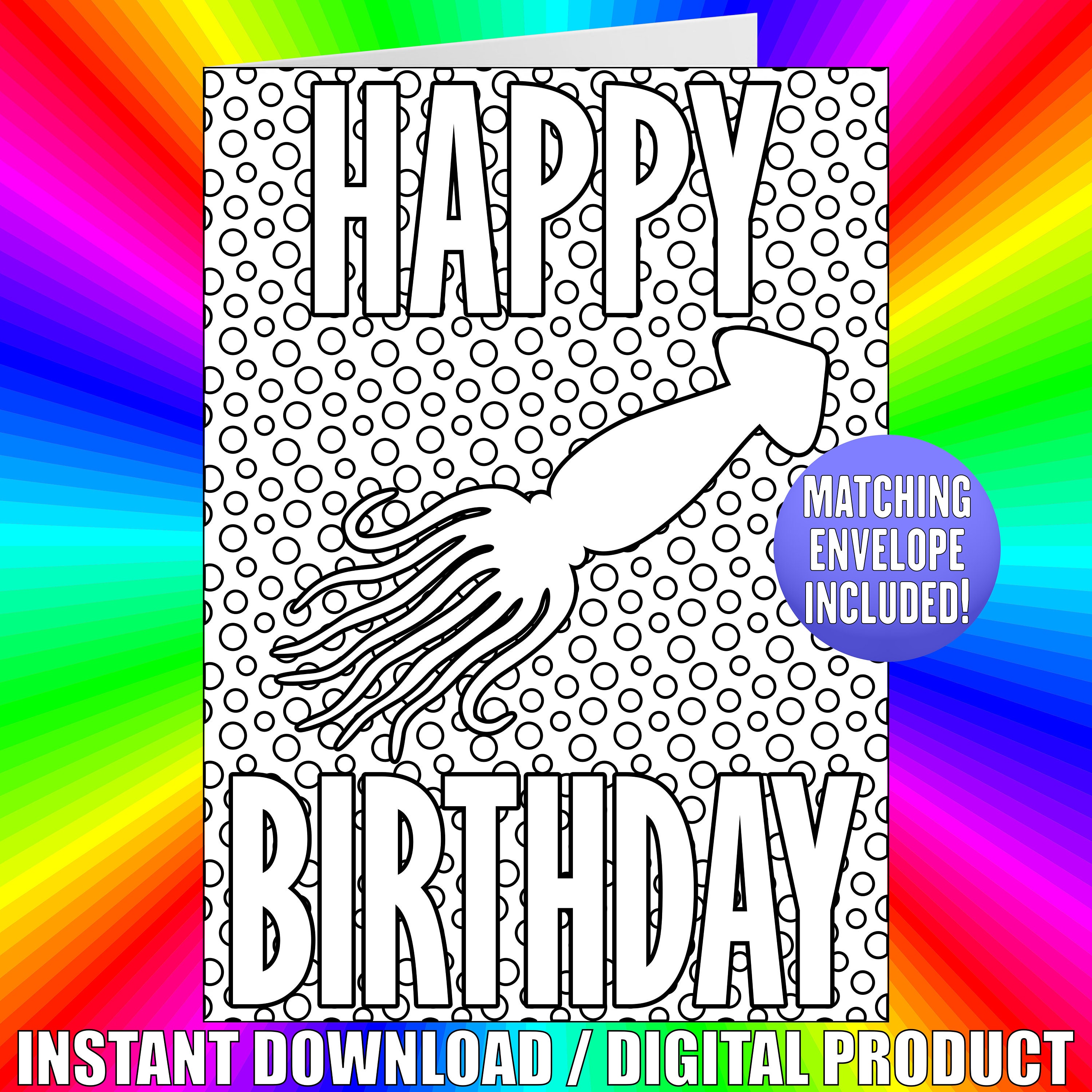 Happy Birthday Squid Coloring Card, Printable Giant Squid Birthday Card ...
