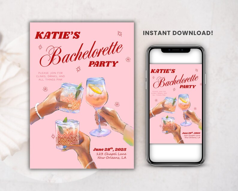 Pink Bachelorette Party Invitation Template | Pink Cocktail Party ...
