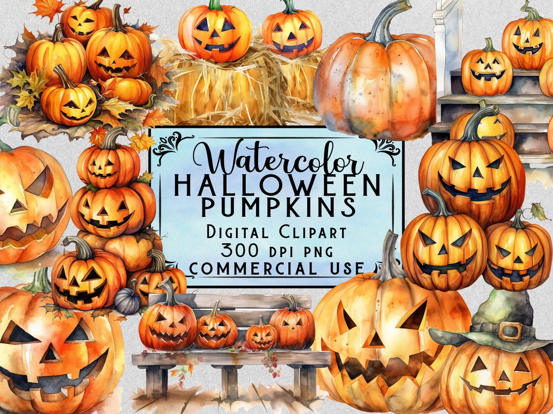 Halloween Pumpkin Clipart Watercolor Halloween Pumpkin PNG Bundle on ...