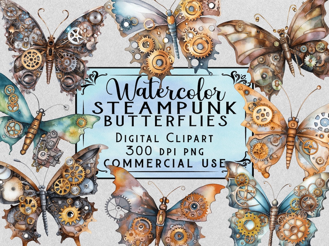 Steampunk Butterflies Clipart, Butterfly Clipart, Watercolor Steampunk ...