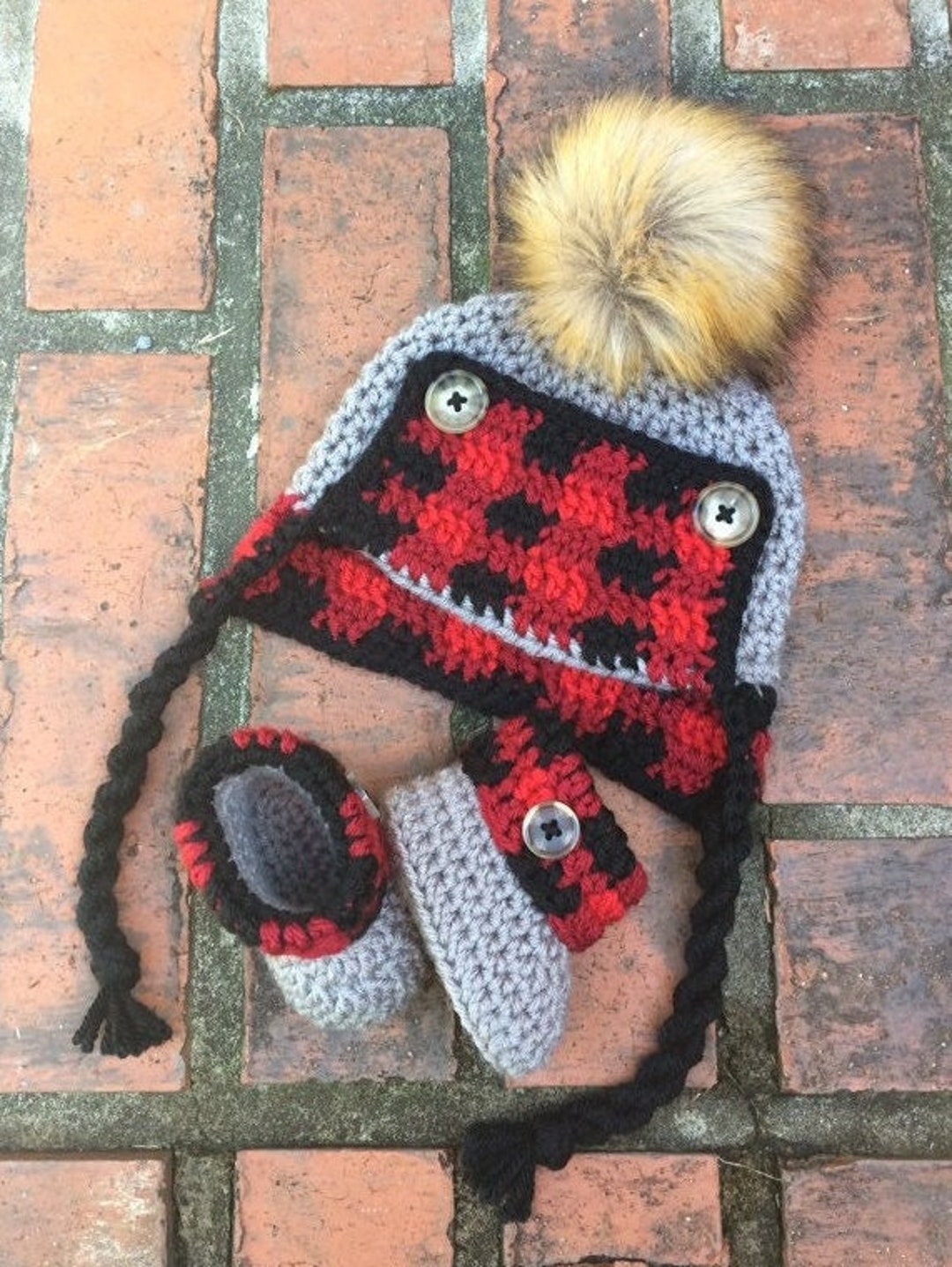 Crochet Plaid Baby Trapper Hat & Bootie Set Crochet Trapper - Etsy