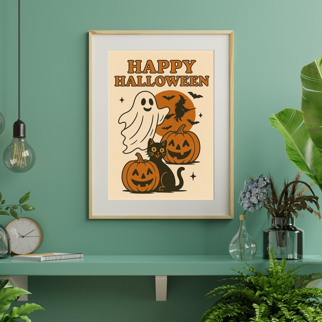 Retro Halloween Print Set | Vintage Ghost, Pumpkin, Witch Wall Art ...
