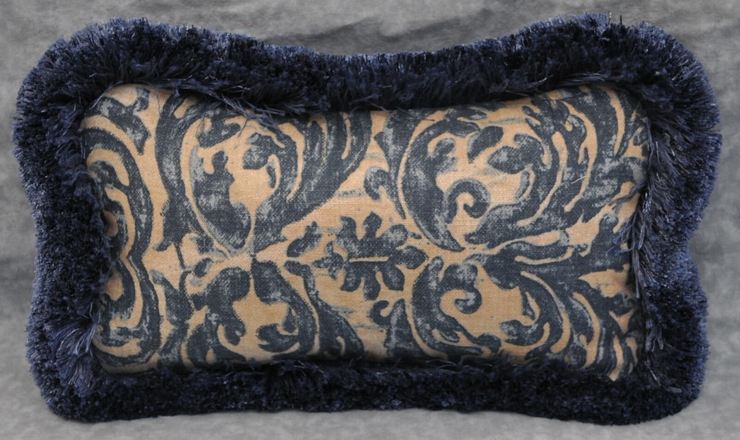 Decorative Pillow - Blue Damask - Fringed Accent Pillow 12 X 6 - Etsy