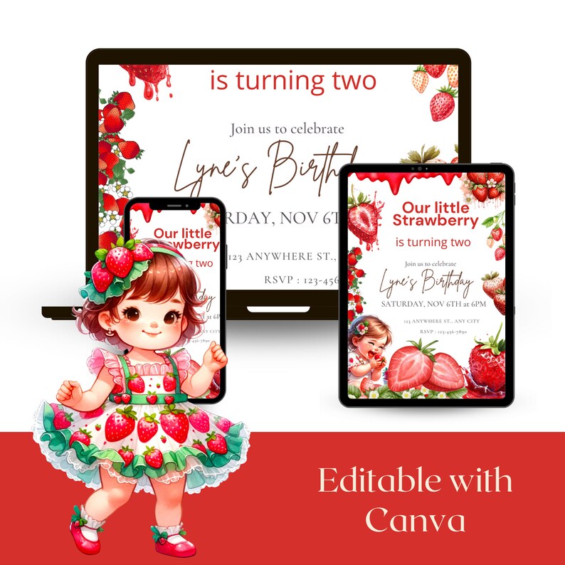 Editable Strawberry First Birthday Invitation, Personalized Kids ...