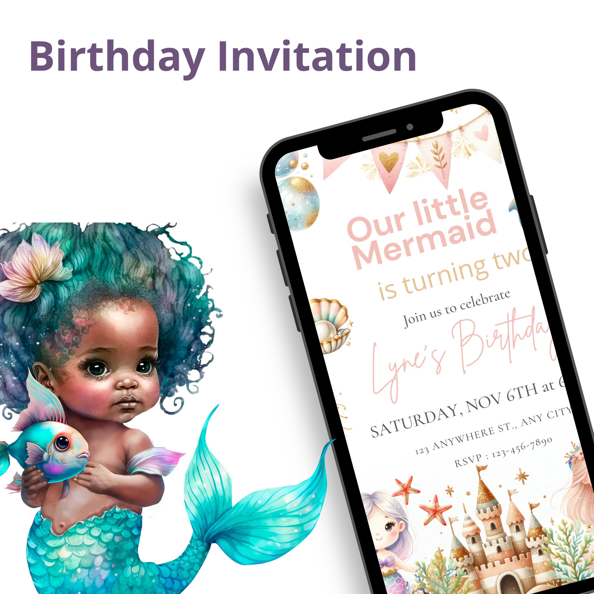 Editable Mermaid Birthday Invitation, Mermaid Invite, Under the Sea ...