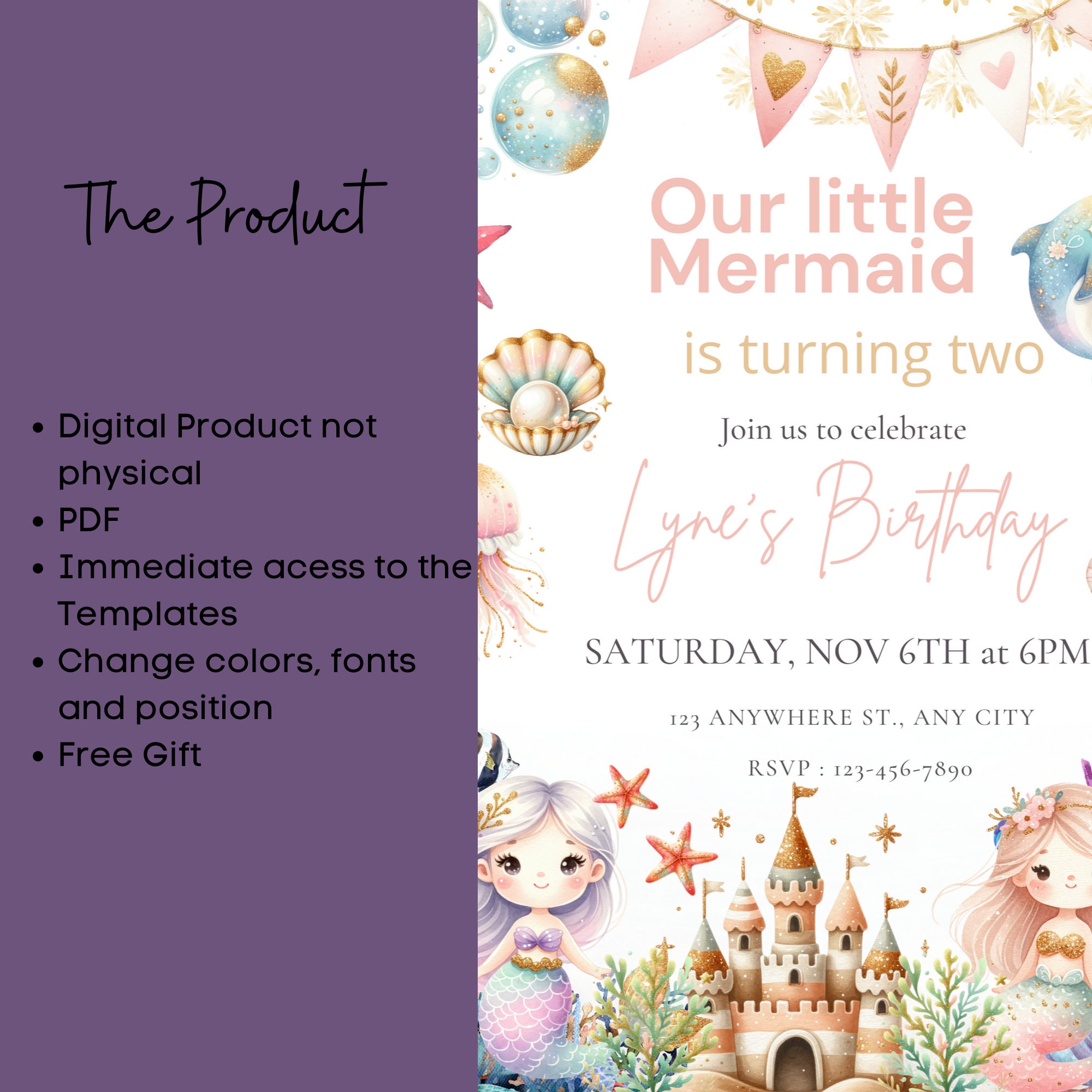 Editable Mermaid Birthday Invitation, Mermaid Invite, Under the Sea ...