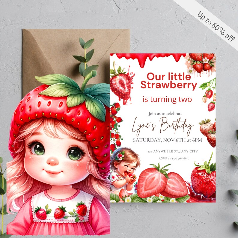 Editable Strawberry First Birthday Invitation, Personalized Kids ...