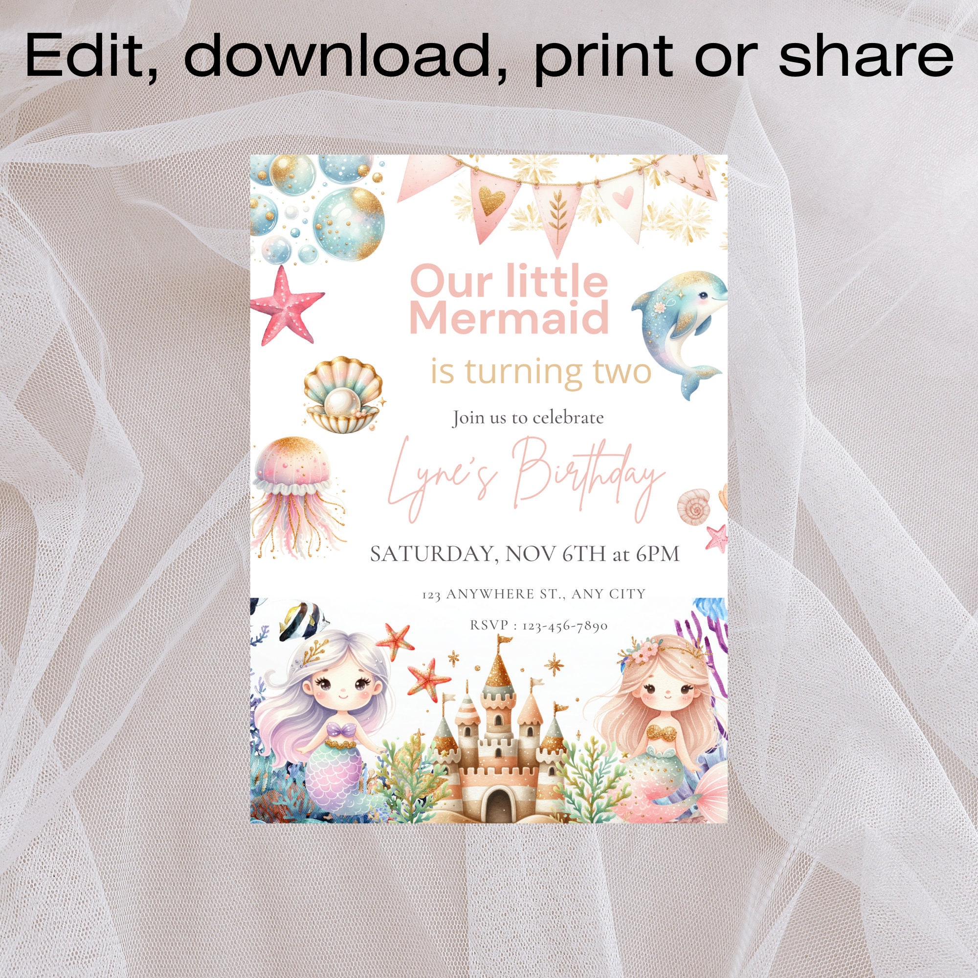 Editable Mermaid Birthday Invitation, Mermaid Invite, Under the Sea ...