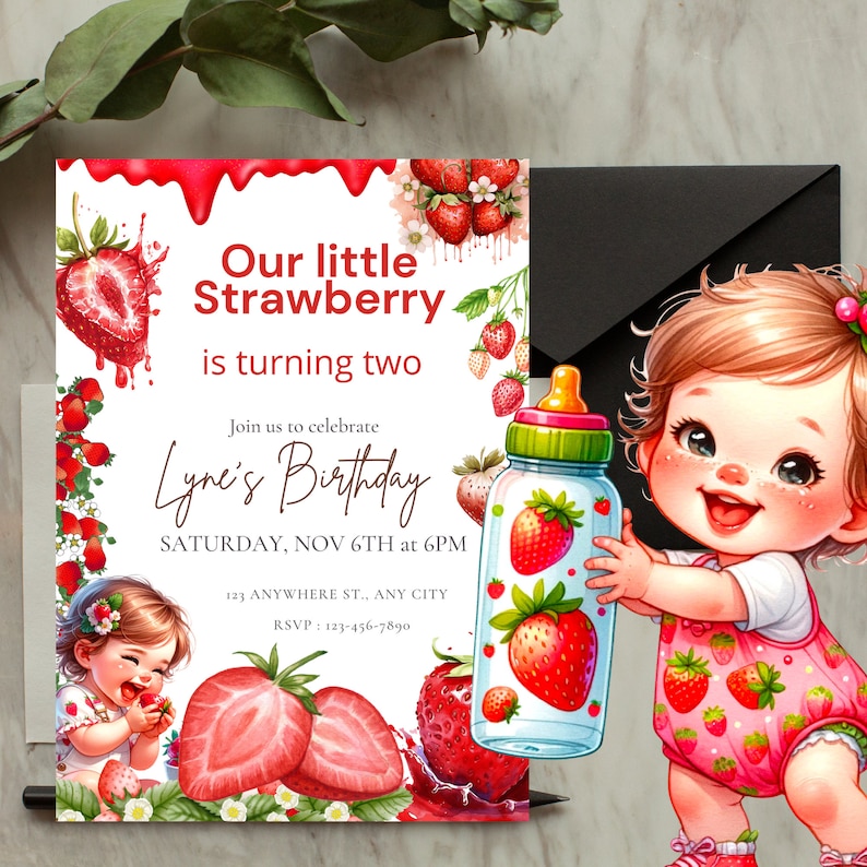 Editable Strawberry First Birthday Invitation, Personalized Kids ...