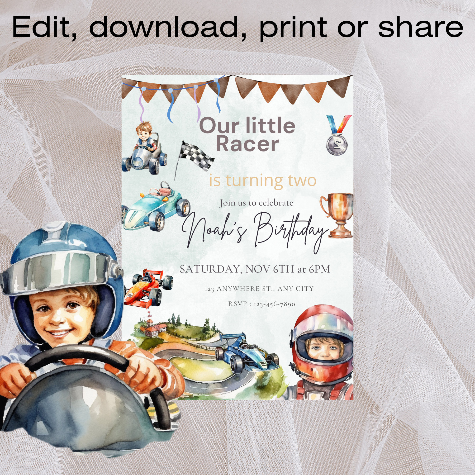 Racing Birthday Invitation, Editable Canva Template for Kids, Little ...
