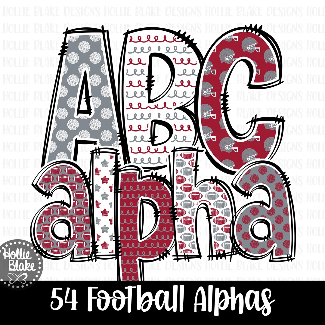 Crimson Red & Gray Football Alphabet Letters PNG Bundle, Hand Drawn ...
