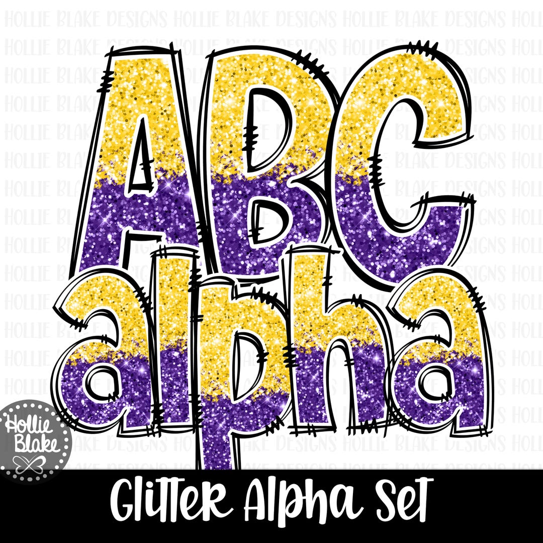 Purple & Gold Glitter Alphabet Letters PNG Bundle, Hand Drawn Alphabet ...