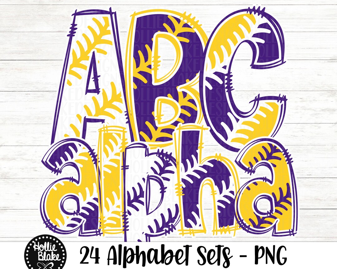Purple & Gold Baseball Doodle Alphabet Sublimation PNG Commercial Use ...