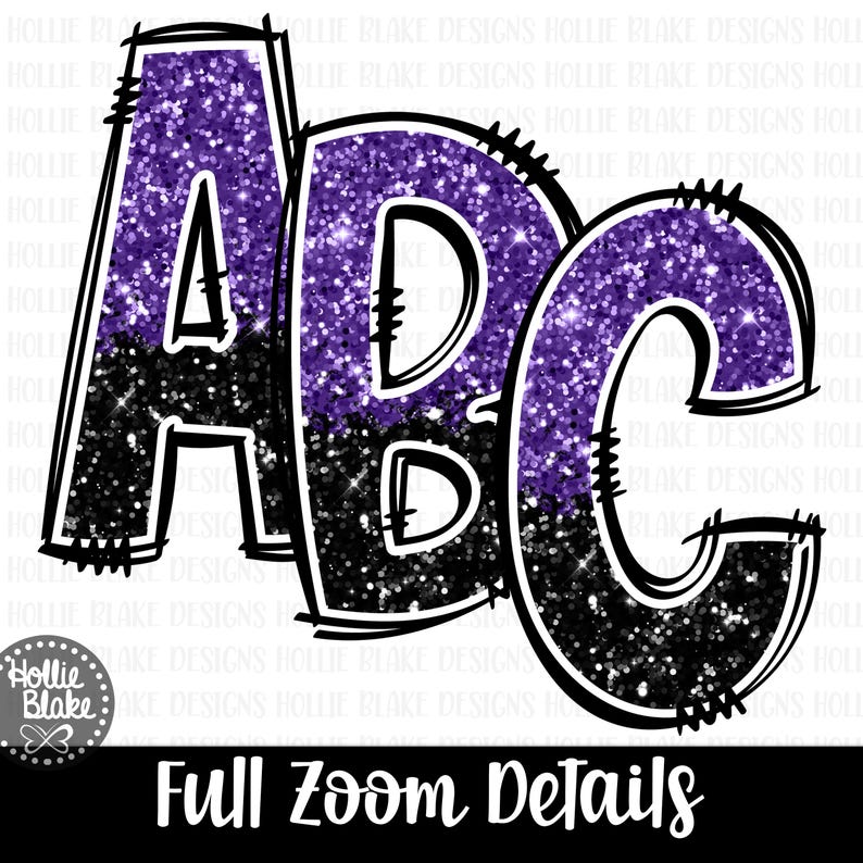 Purple & Black Glitter Alphabet Letters PNG Bundle, Hand Drawn Alphabet ...