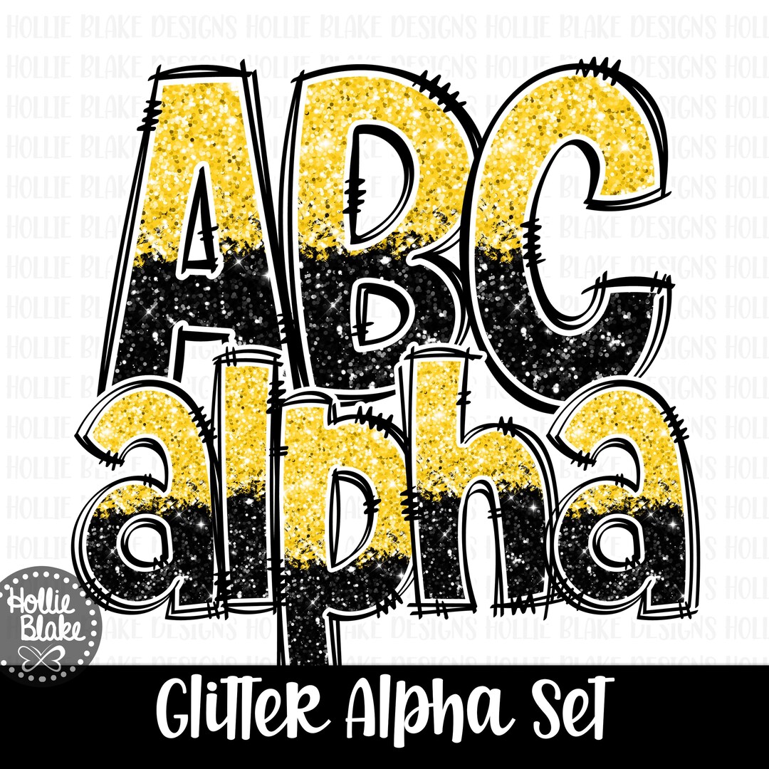 Yellow Gold & Black Glitter Alphabet Letters PNG Bundle, Hand Drawn ...