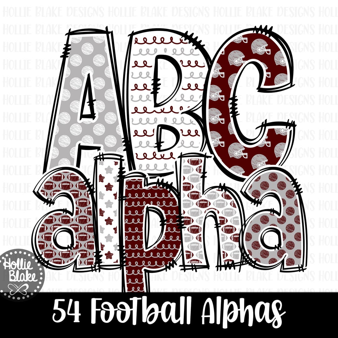 Maroon Red & Gray Football Alphabet Letters PNG Bundle, Hand Drawn ...
