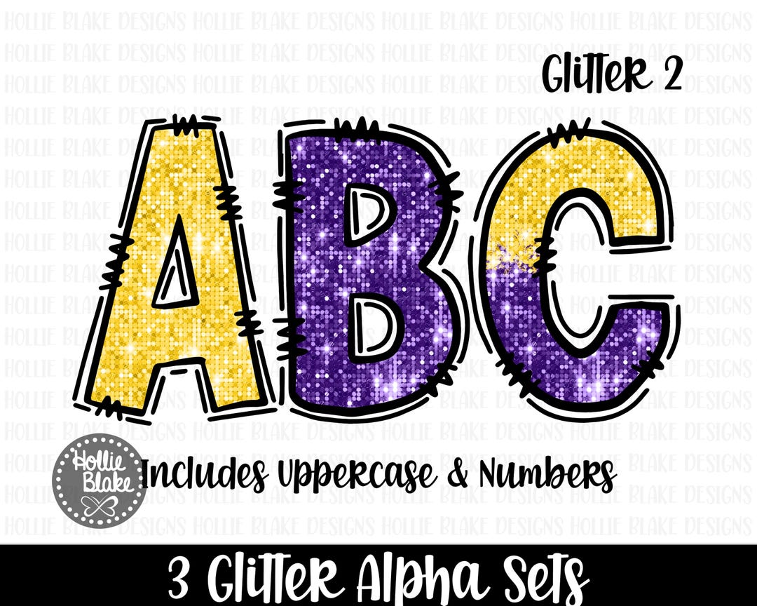 Purple & Gold Glitter Doodle Alphabet PNG Letters, Doodle Letters PNG ...