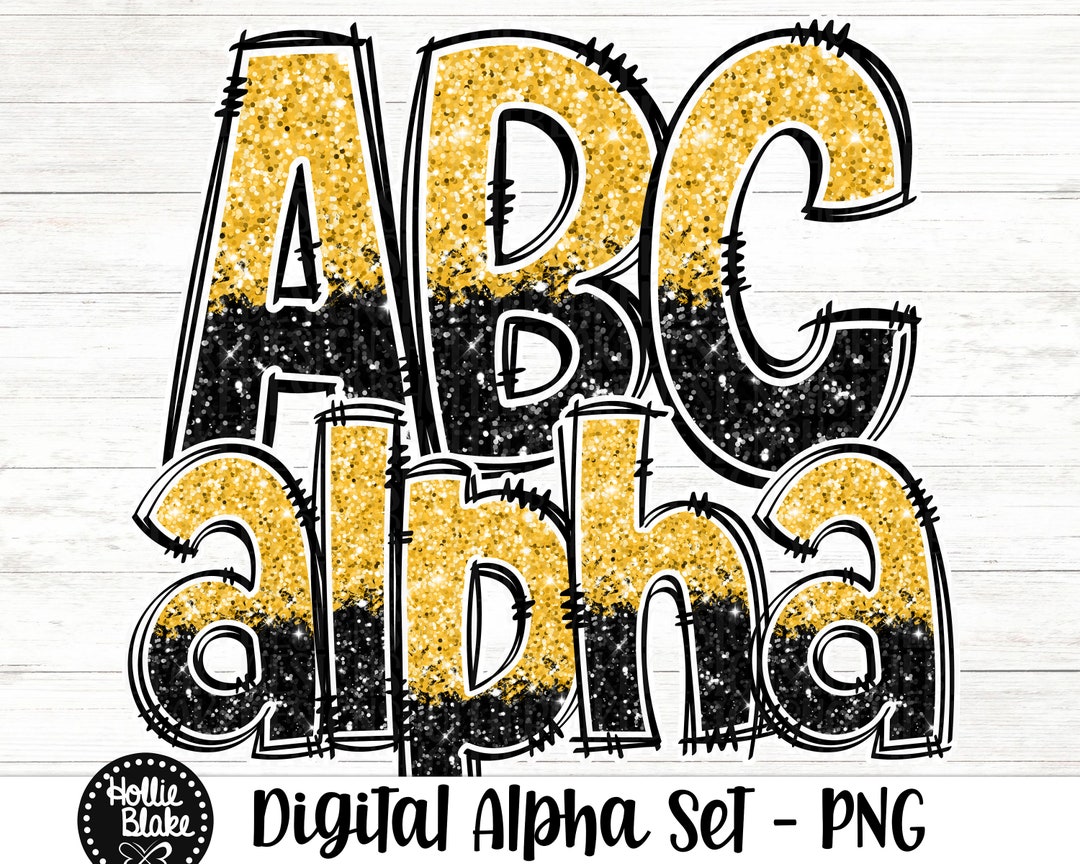 Gold & Black Glitter Doodle Alphabet PNG Letters, Doodle Letters PNG ...