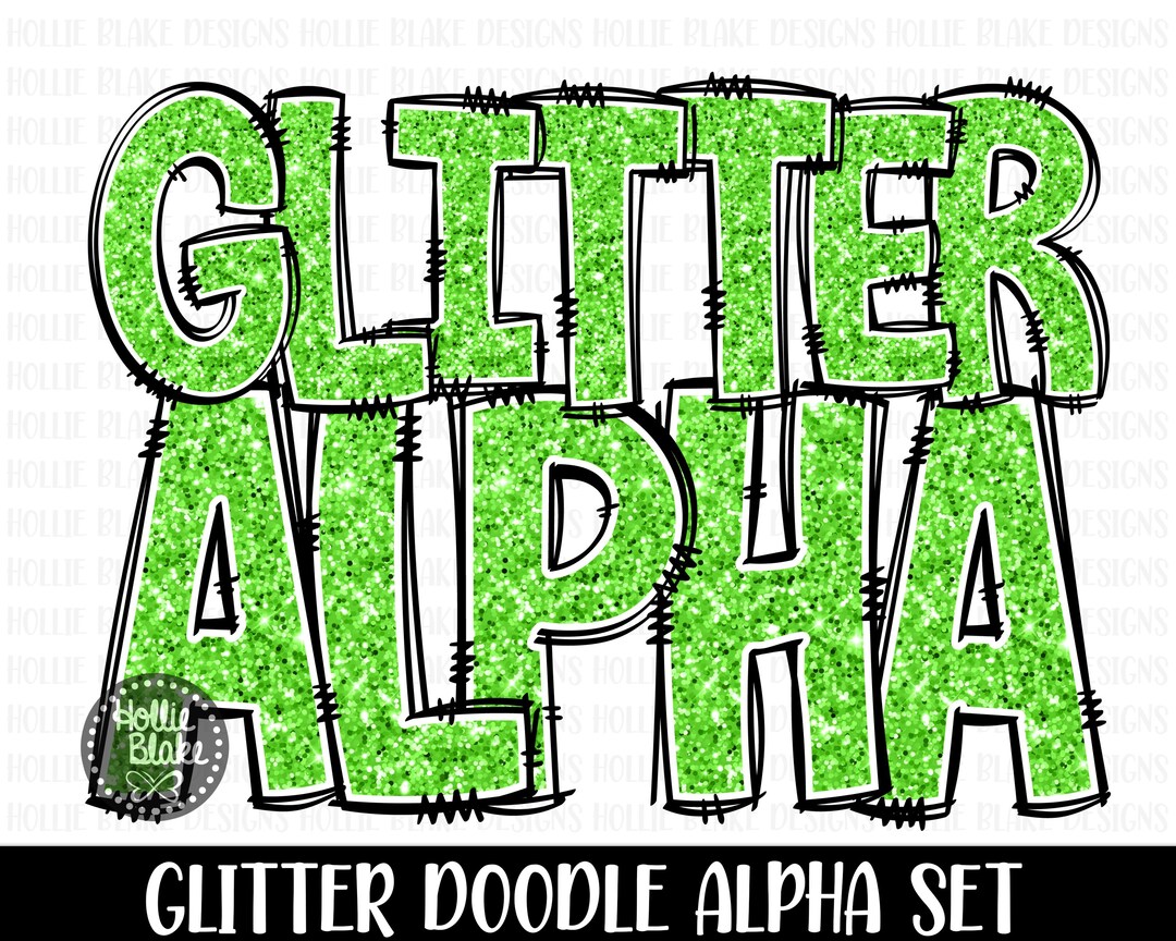 Kelly Green Glitter Doodle Alphabet PNG Letters, Doodle Letters PNG ...