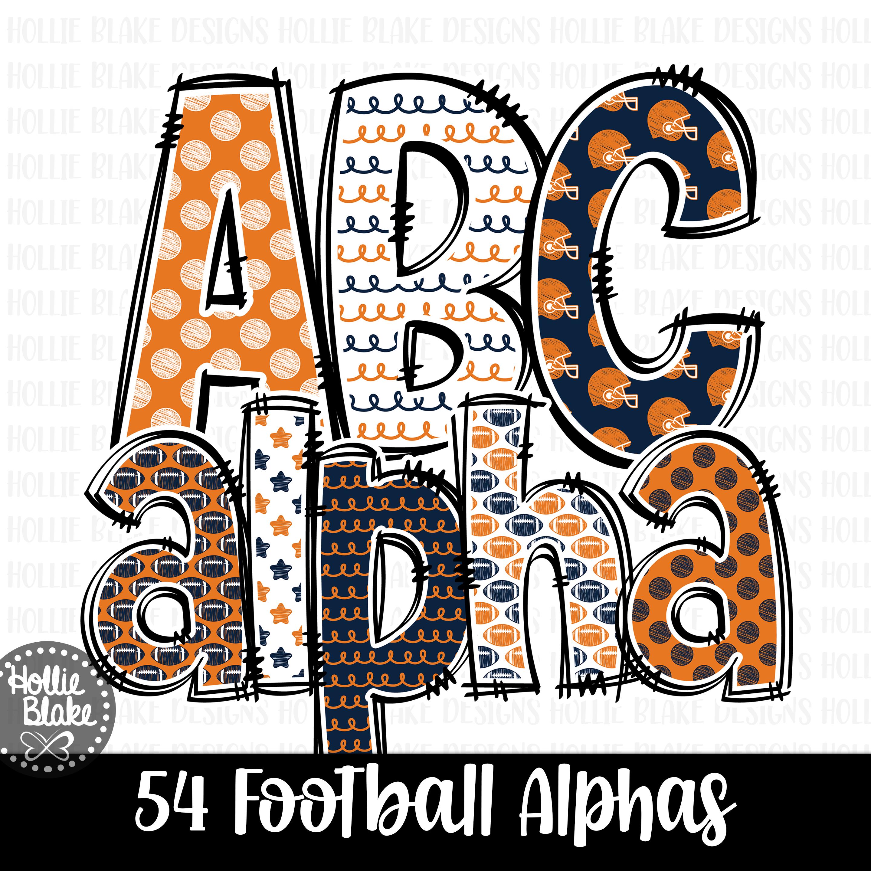 Blue & Orange Football Alphabet Letters PNG Bundle, Hand Drawn Alphabet ...