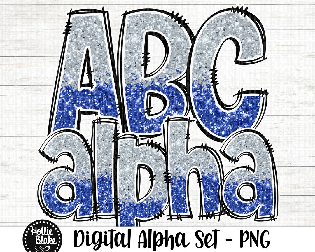 Blue & Royal Blue Glitter Doodle Alphabet PNG Letters, Doodle Letters ...