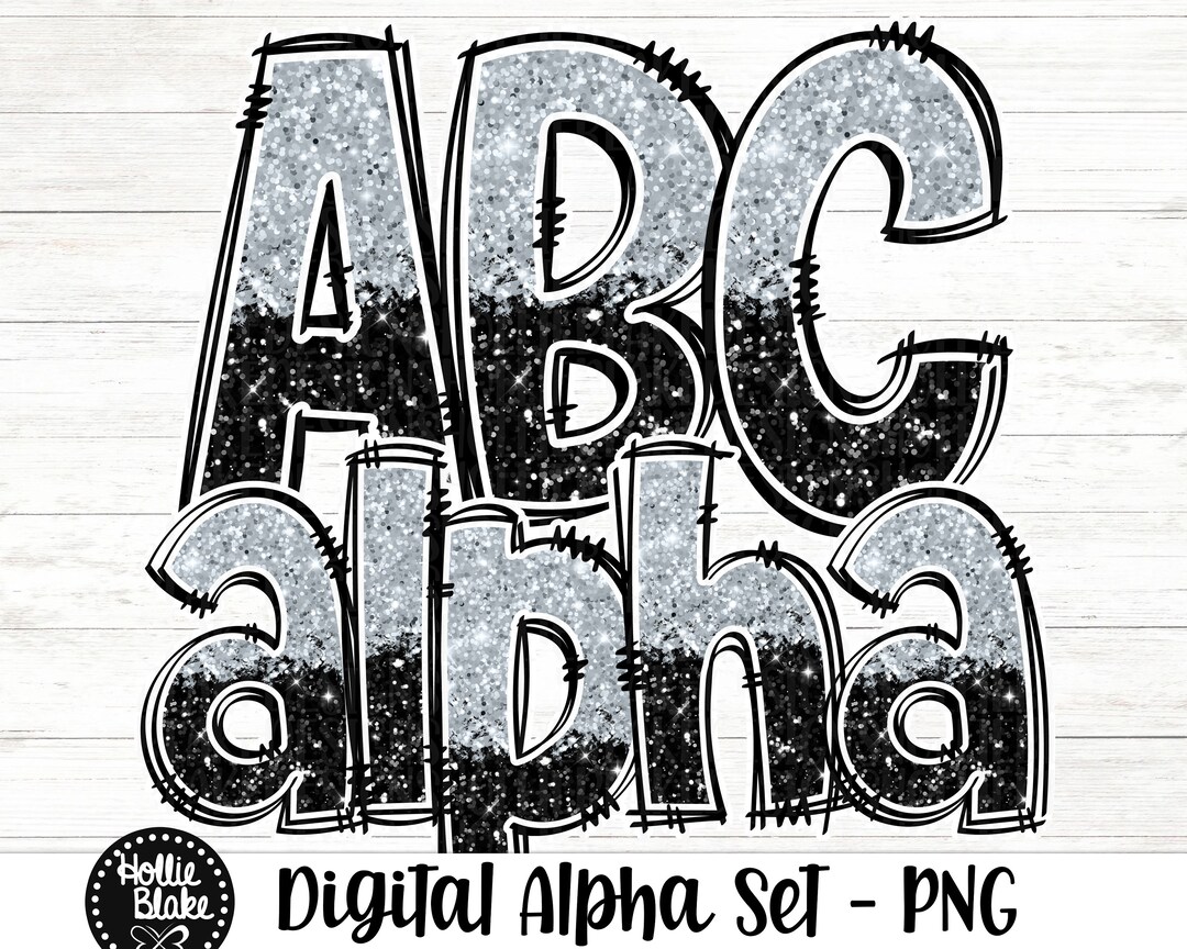 Silver Grey & Black Glitter Doodle Alphabet PNG Letters, Doodle Letters ...