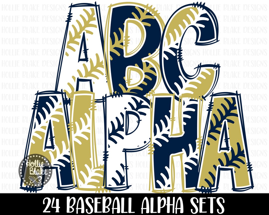 Navy Blue & Vegas Gold Baseball Stitches Doodle Alphabet PNG Letters ...