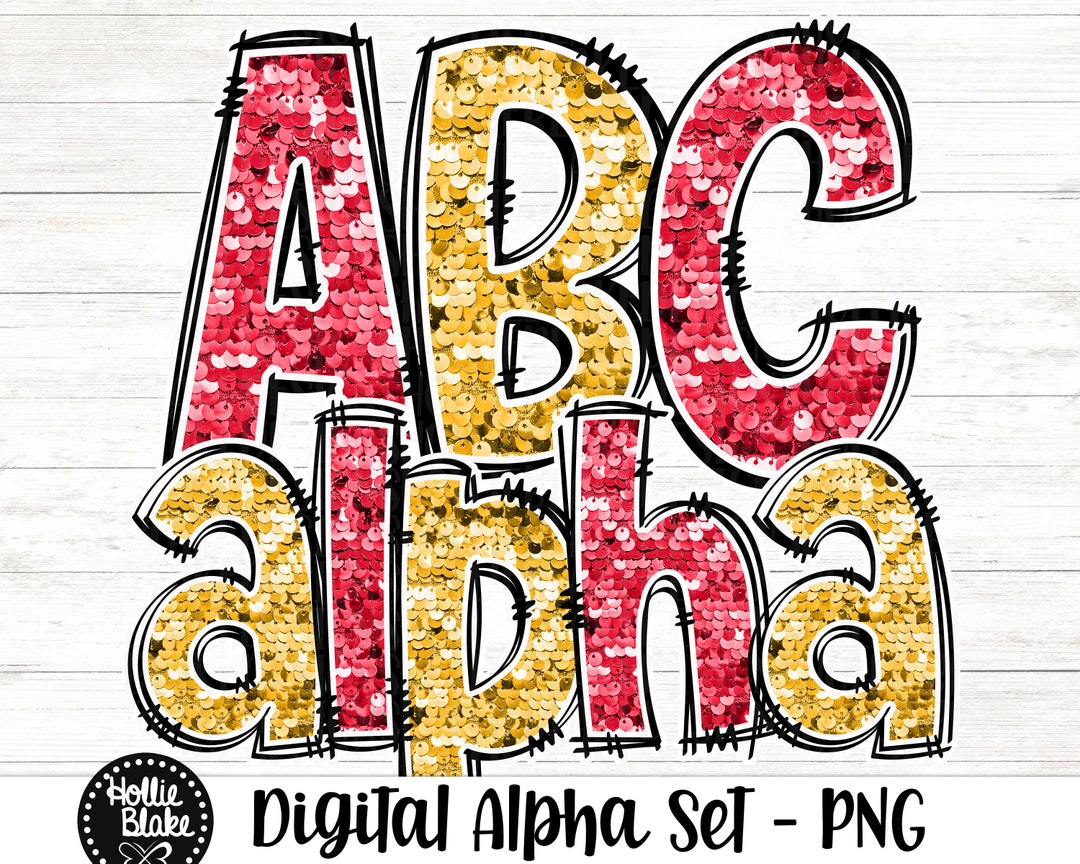 Red & Gold Faux Sequin Doodle Alphabet PNG Letters, Doodle Letters PNG ...