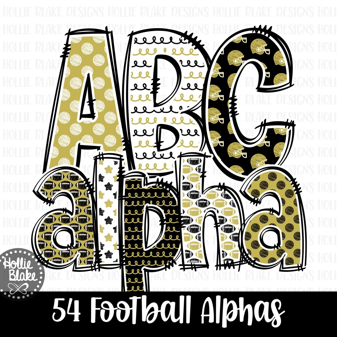 Black & Vegas Gold Football Alphabet Letters PNG Bundle, Hand Drawn ...