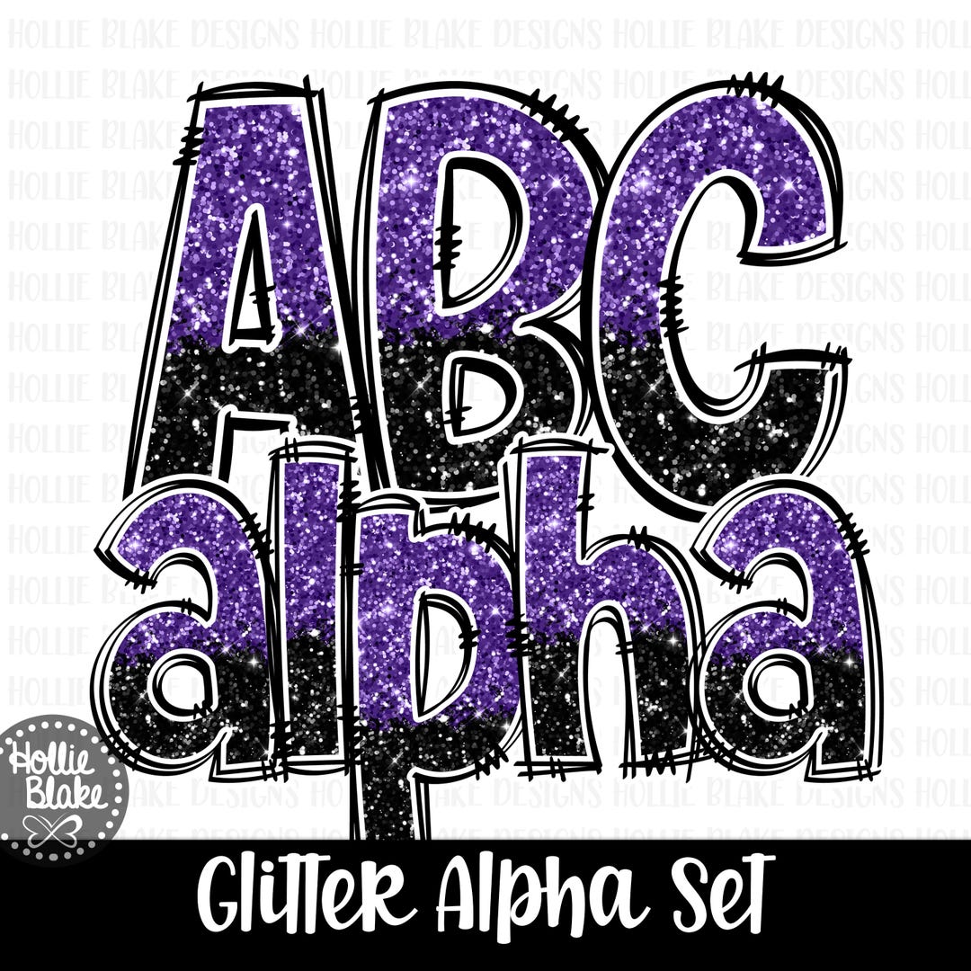 Purple & Black Glitter Alphabet Letters PNG Bundle, Hand Drawn Alphabet ...