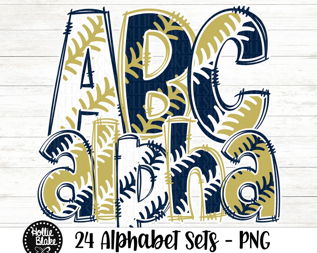 Navy Blue & Vegas Gold Baseball Doodle Alphabet Sublimation PNG ...