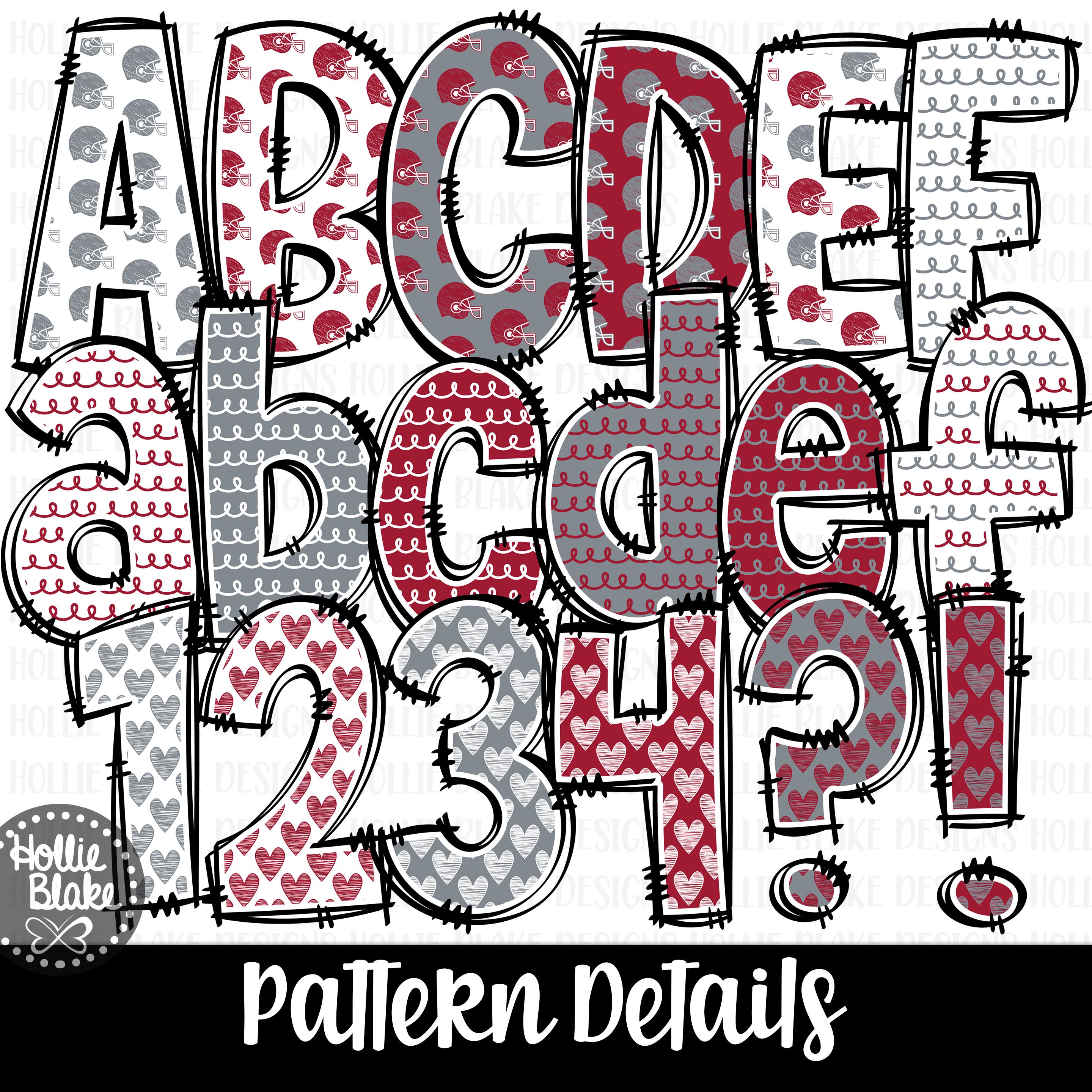 Crimson Red & Gray Football Alphabet Letters PNG Bundle, Hand Drawn ...