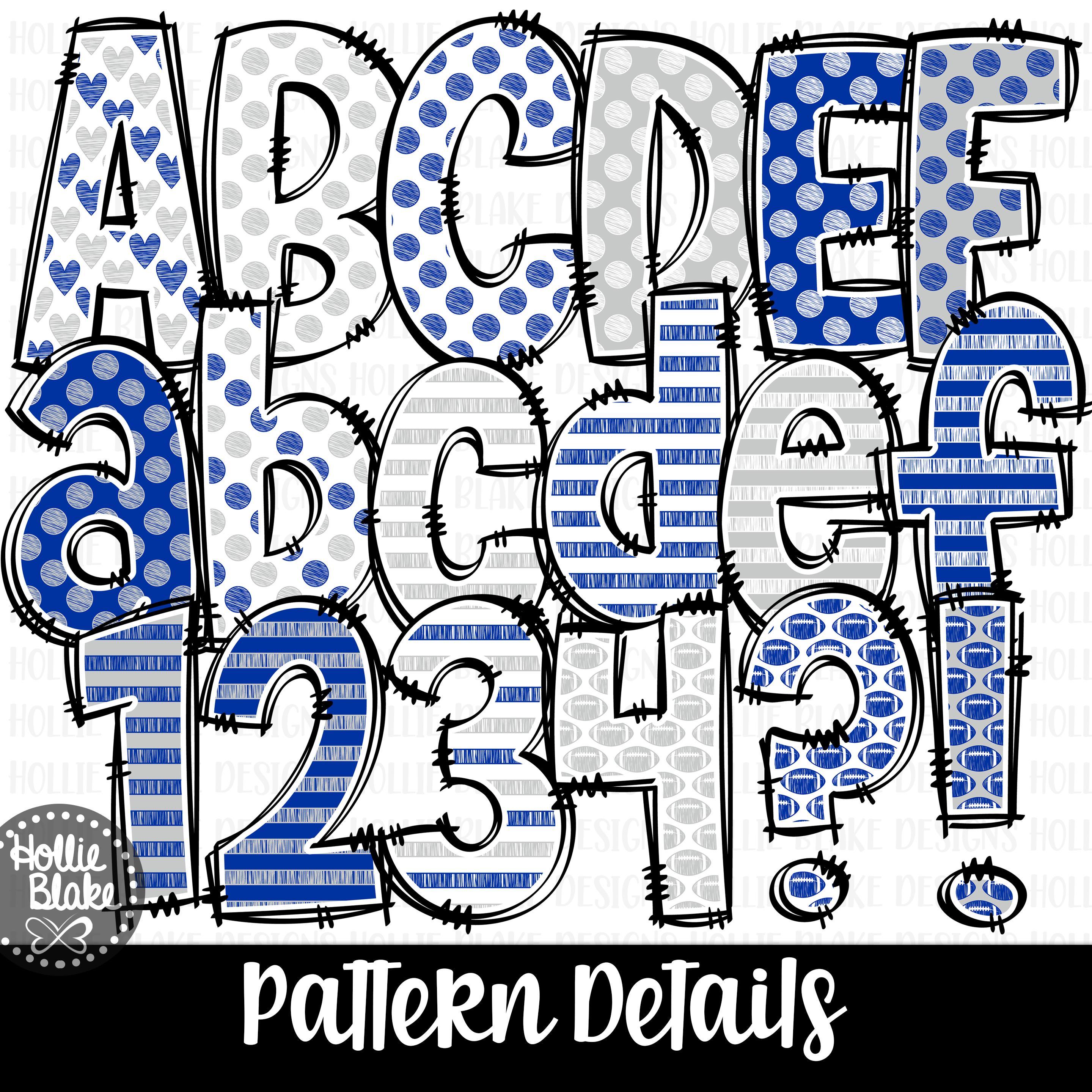Blue & Gray Football Alphabet Letters PNG Bundle, Hand Drawn Alphabet ...