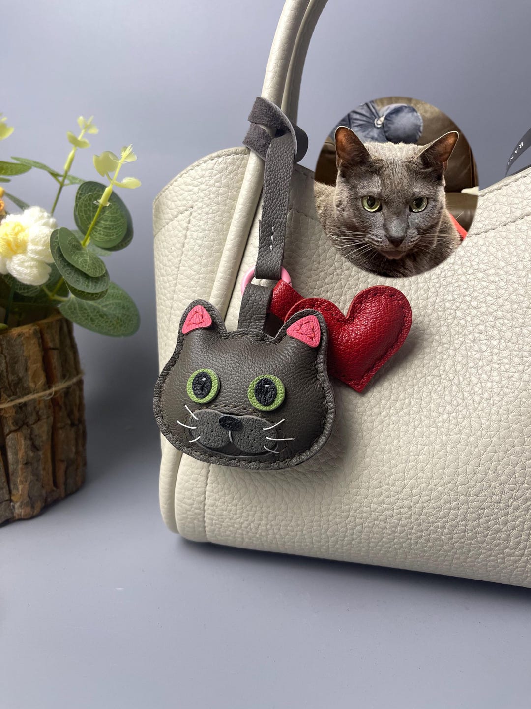 Personalized Leather Cat Keychain: Handmade Pet Portrait Bag Charm - Etsy