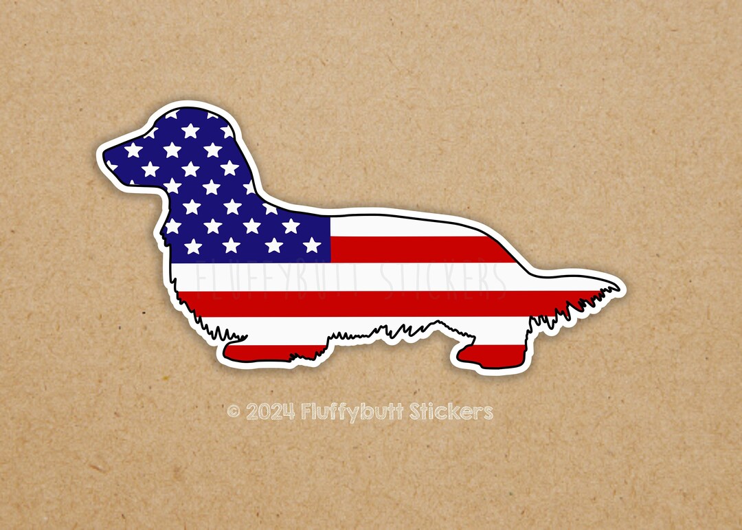 American Flag Longhaired Dachshund Sticker | Longhair Dachshund Sticker ...