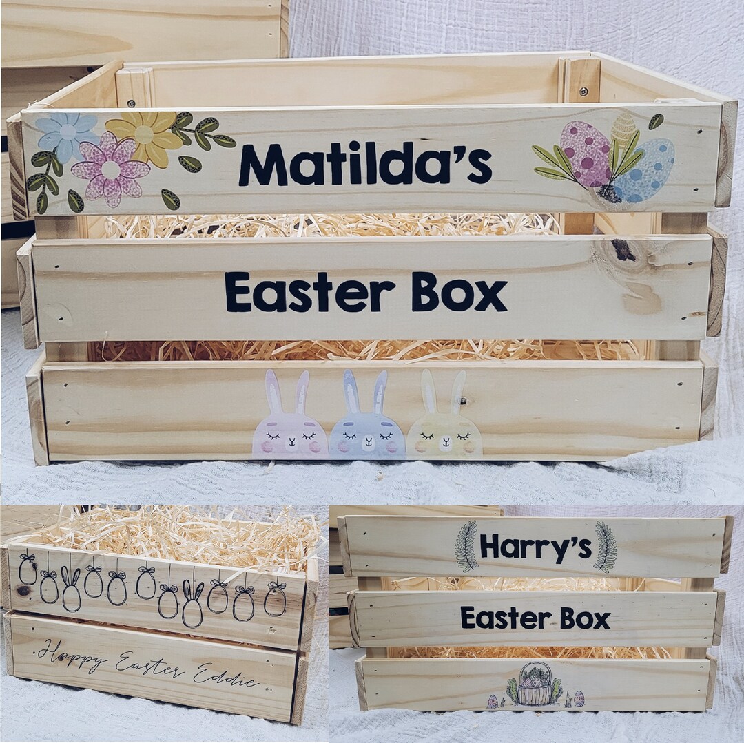Personalised Easter Wood Crate Easter Egg Basket Timber Hamper Custom ...