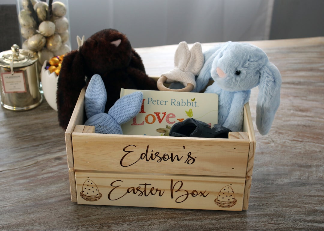 Personalised Easter Wood Crate Easter Egg Basket Timber Hamper Custom ...