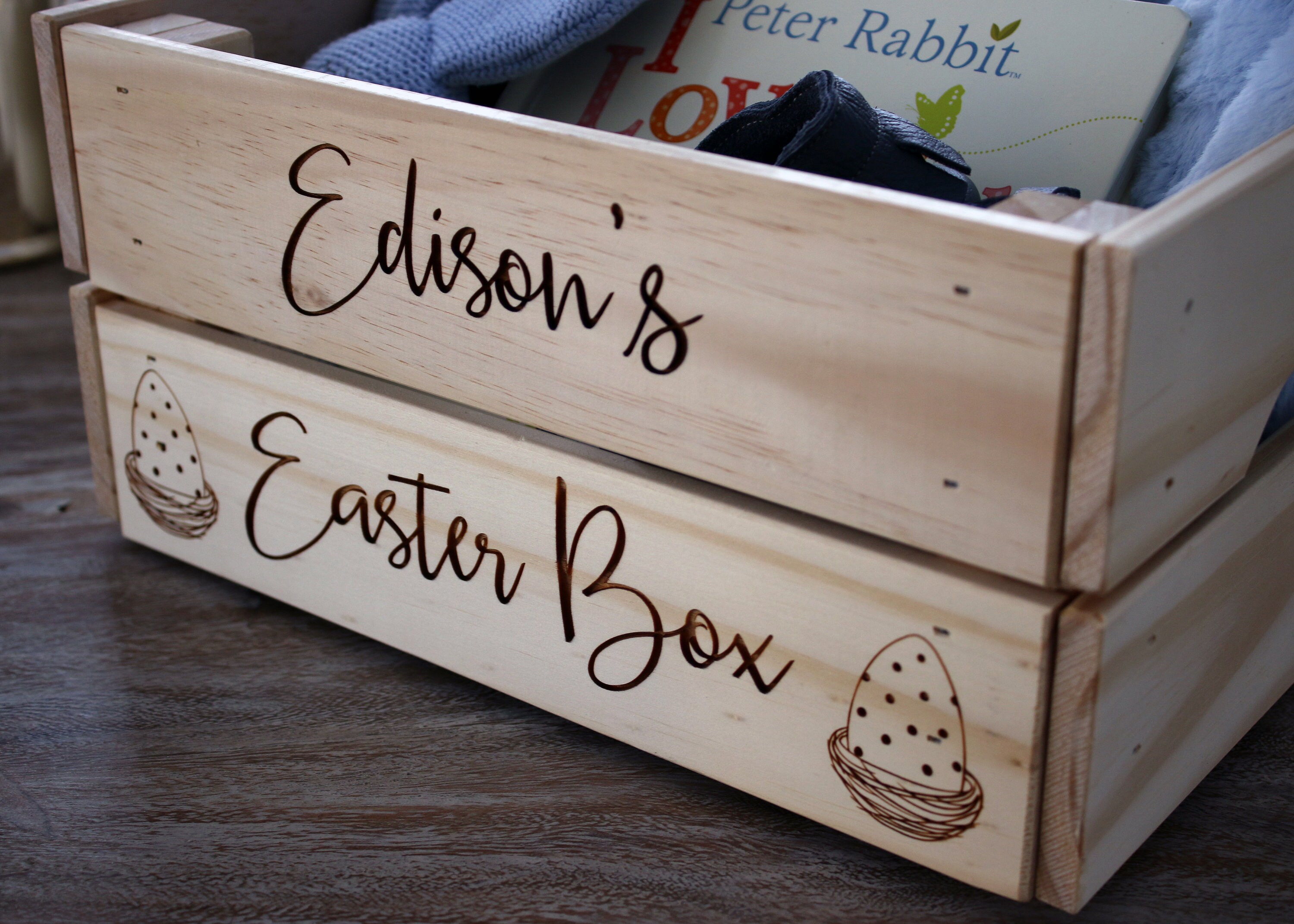 Personalised Easter Wood Crate Easter Egg Basket Timber Hamper - Etsy ...