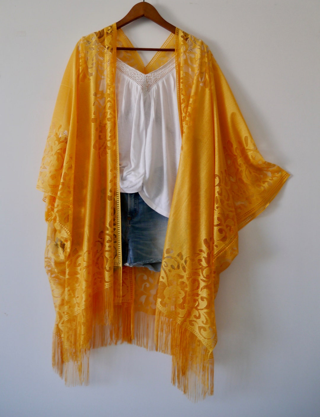 Yellow Long Bohemian Kimono yellow Lace Kimono Beach Wear - Etsy
