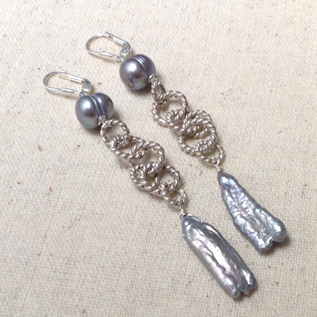 Gray Baroque Oblong Pearl Round Pearl Sterling Silver Chain Dangle ...