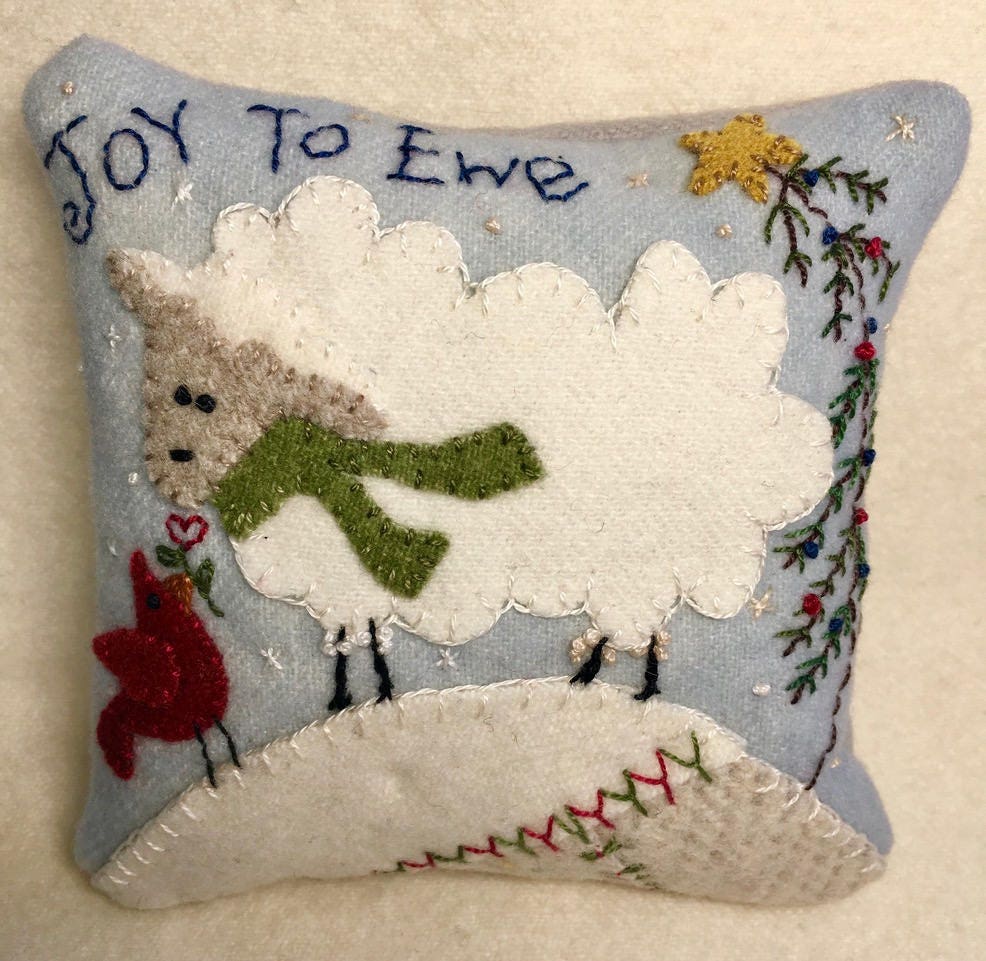 Pattern & Kit Wool Applique Pin Cushion -joy to Ewe - 5"x5" Finished ...