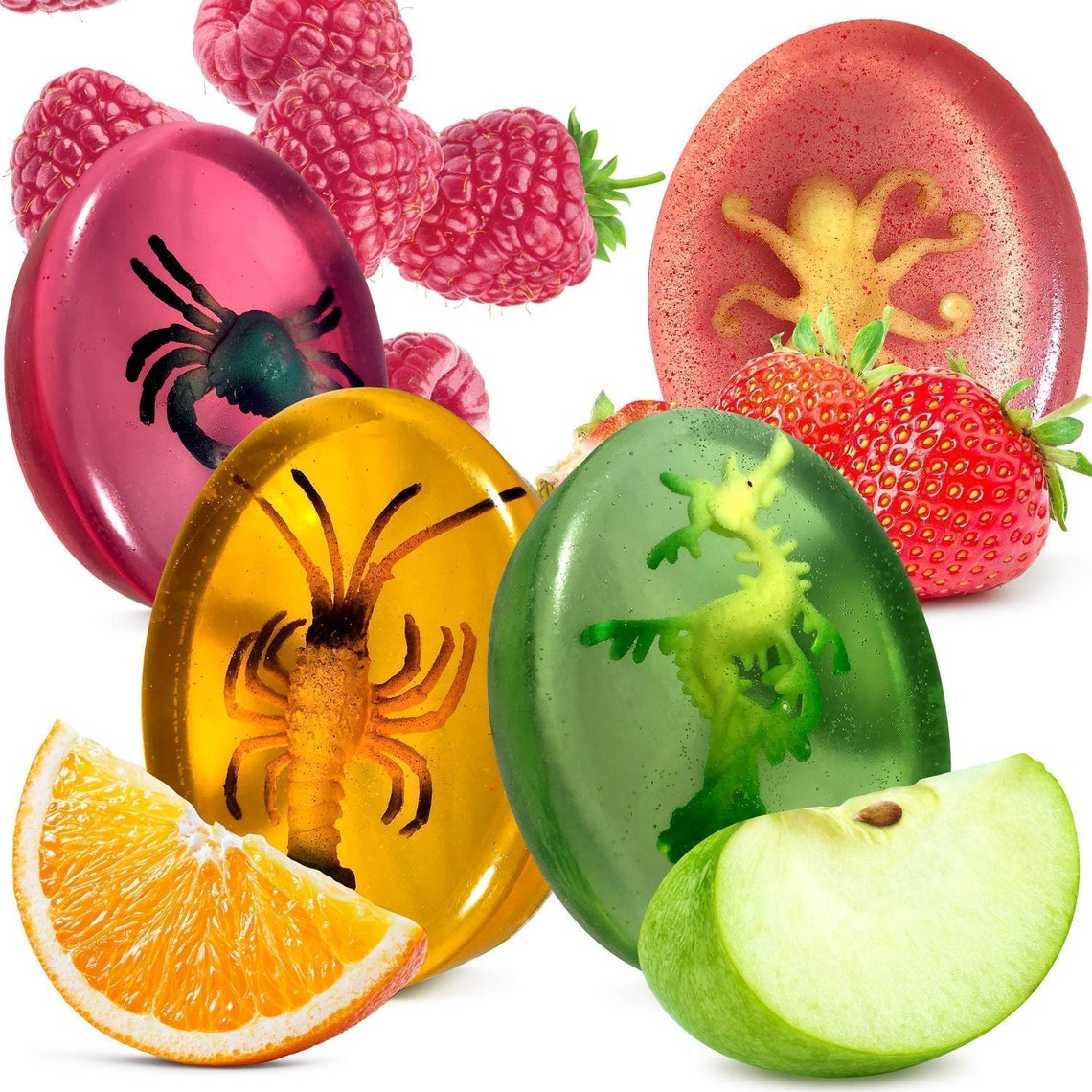 4 Soap Bar With Sea Animals Toys Inside 3 Oz Apple Orange Raspberry ...