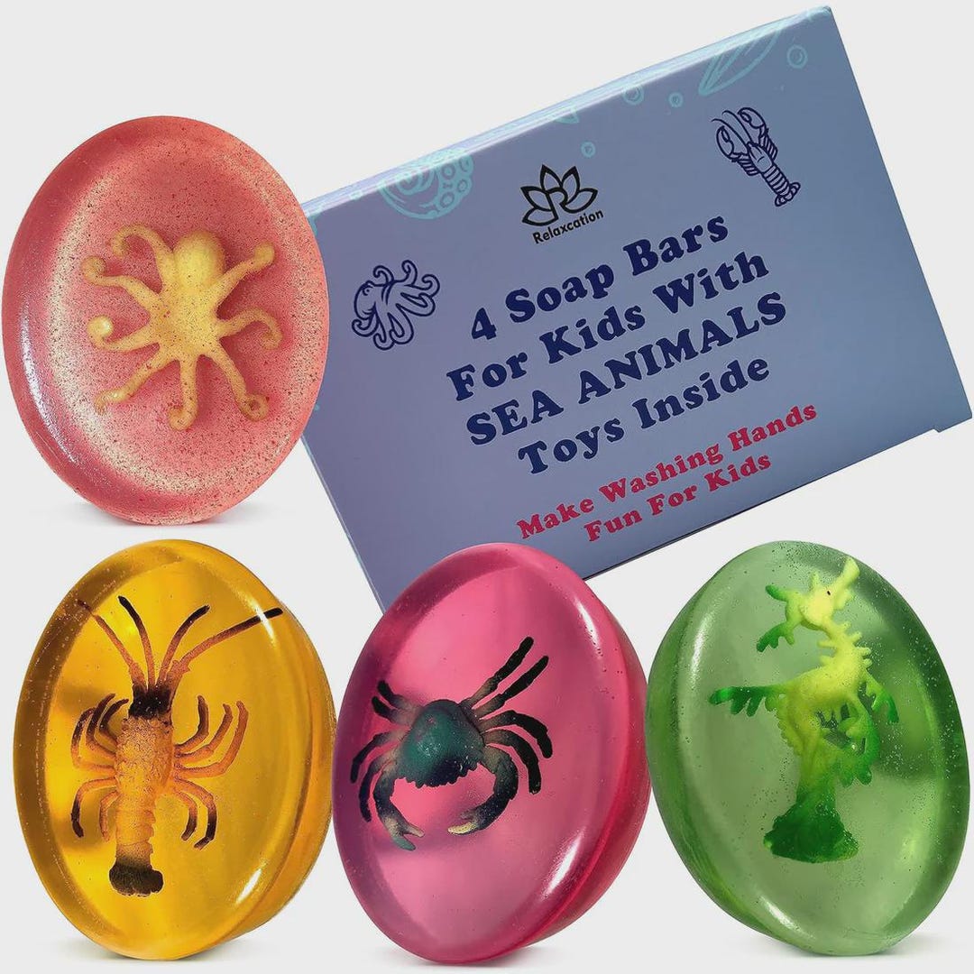 4 Soap Bar With Sea Animals Toys Inside 3 Oz Apple Orange Raspberry ...