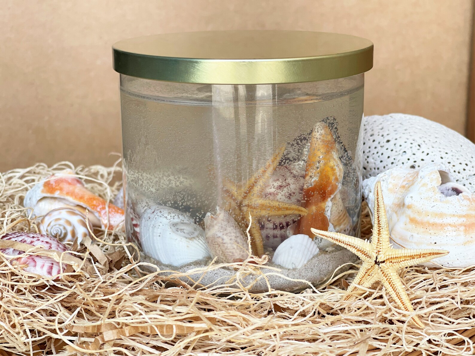 XL Gel Candle With Ocean Rain Aroma & Real Sea Shells and Sand From ...
